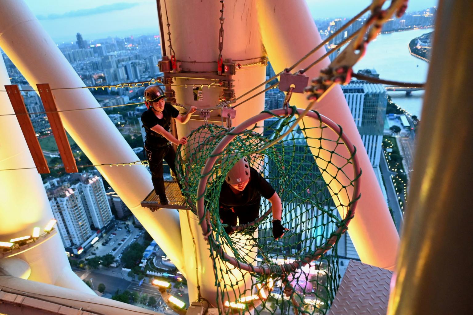Canton Tower Observation Deck Beautiful Wide Angle Night Aerial View