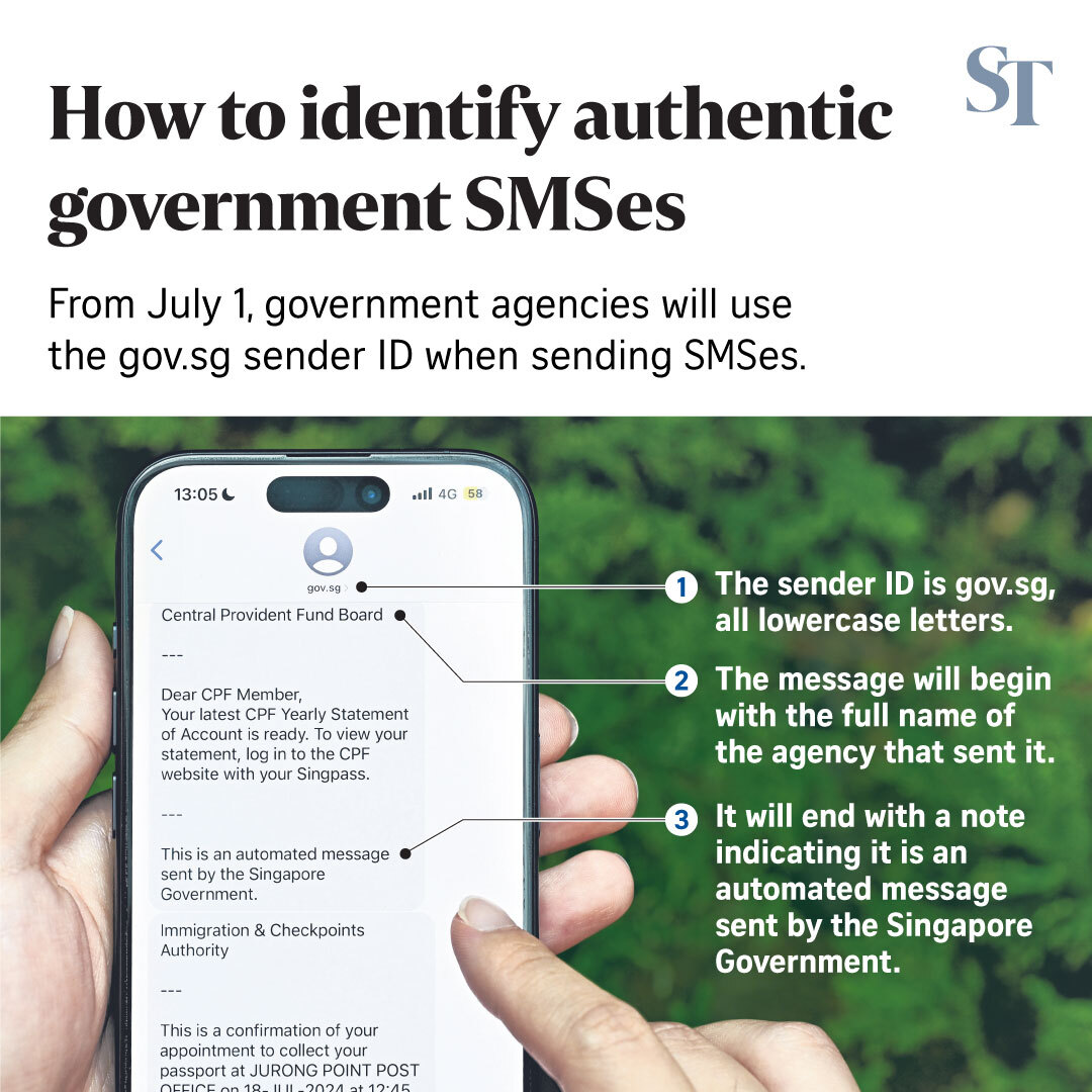 Government SMSes will show ‘gov.sg’ as the sender ID from July 1 | The Straits Times