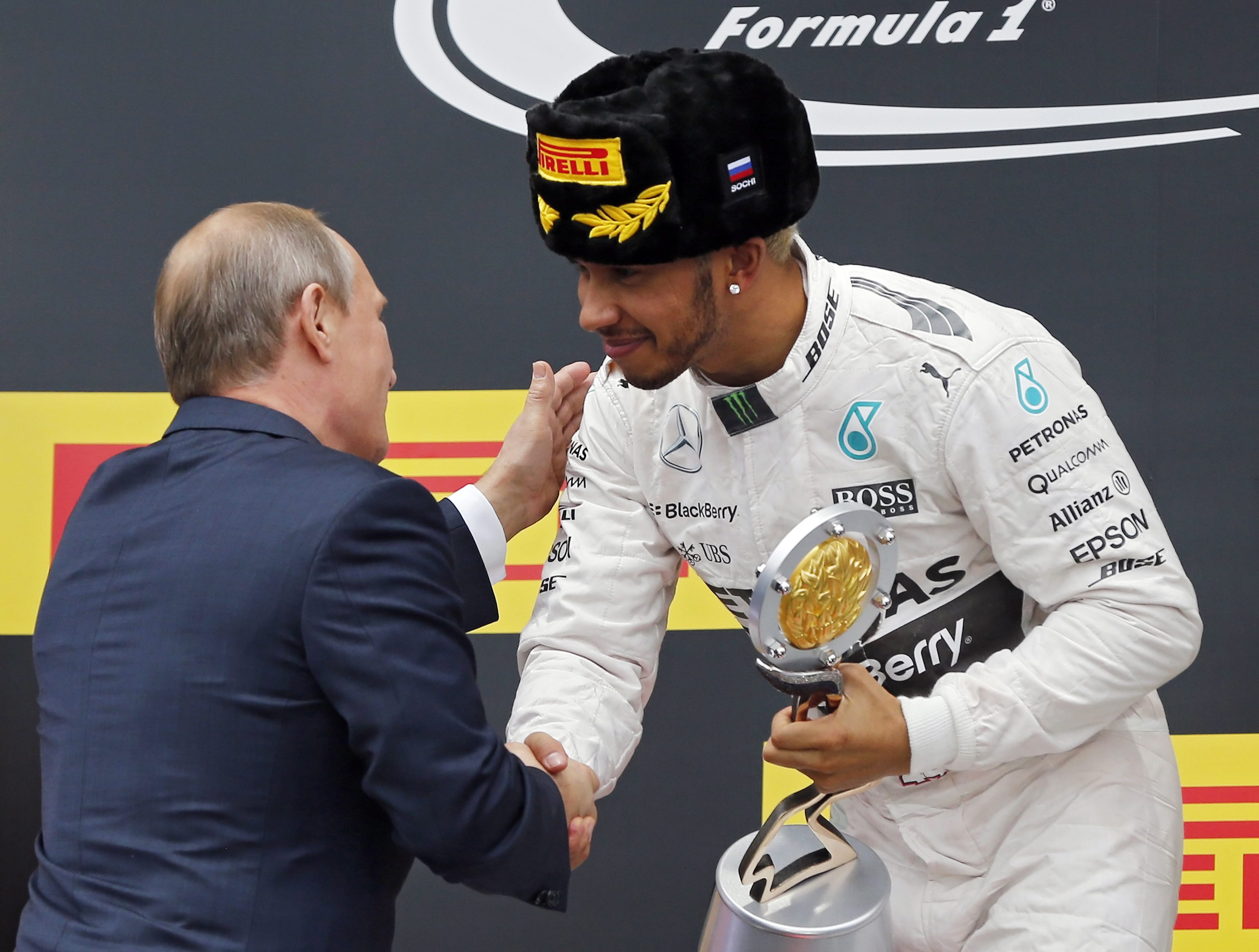 Formula One: Hamilton douses Russia's President Putin with champagne ...