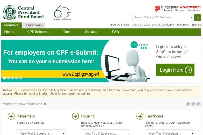CPF e-services fully restored | The Straits Times