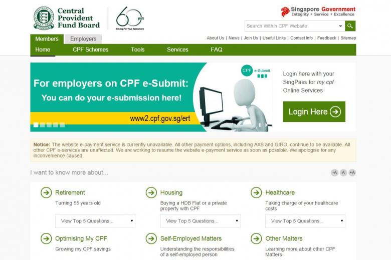 CPF online payment services down | The Straits Times