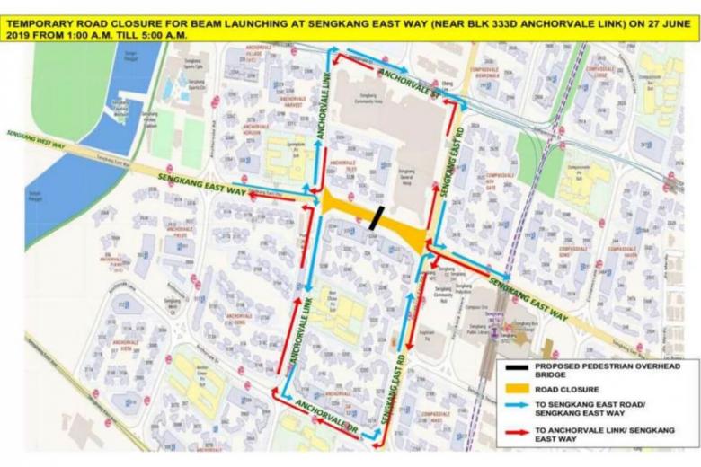 Road closure in Sengkang on June 27 for construction of new overhead ...