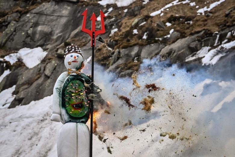 Swiss blow up huge snowman in mountains to welcome spring | The Straits ...