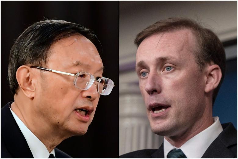 US security adviser Jake Sullivan and Chinese diplomat Yang Jiechi hold ...