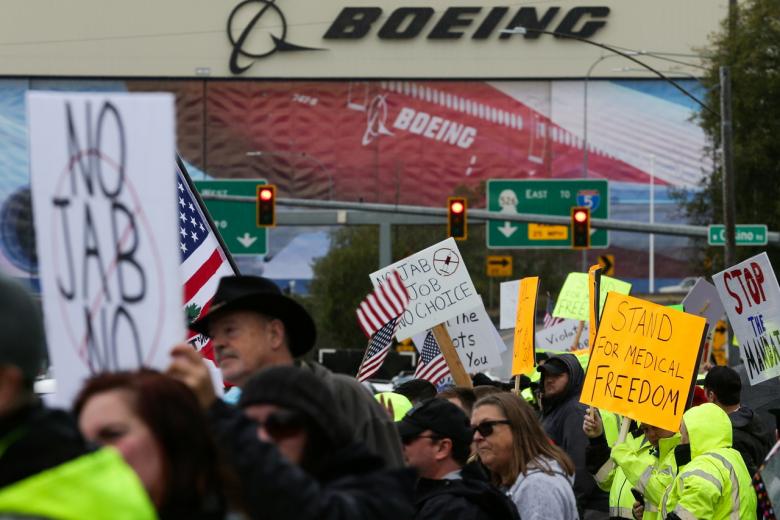 Boeing workers stage protest near Seattle over US Covid-19 vaccine ...