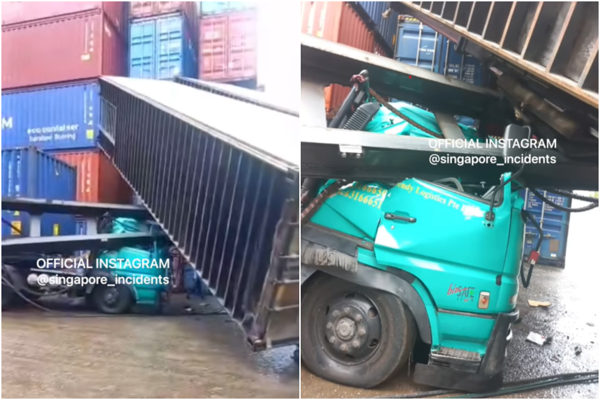 Prime mover driver jumps to safety as container stacker crushes driver ...
