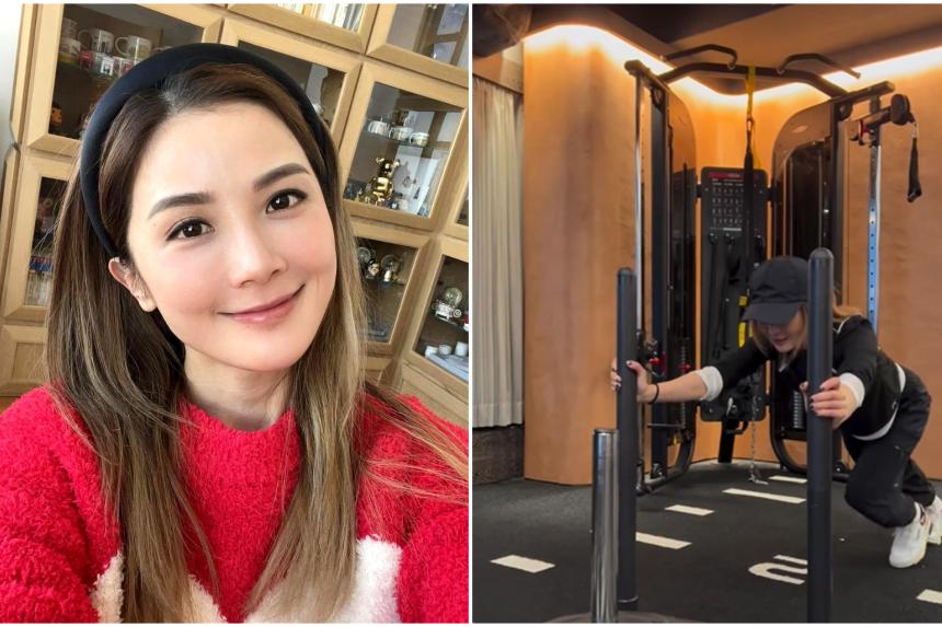 Singer Charlene Choi forces herself to do sled pushes in the gym to ...