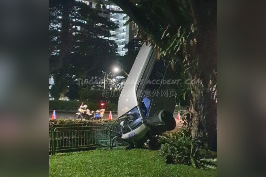 Accident leaves van stuck against a tree along ECP | The Straits Times